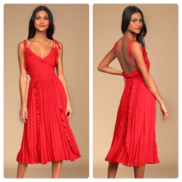 Lulus | Dresses | Lulus Never A Dull Moment Bright Red Tiestrap Pleated ...
